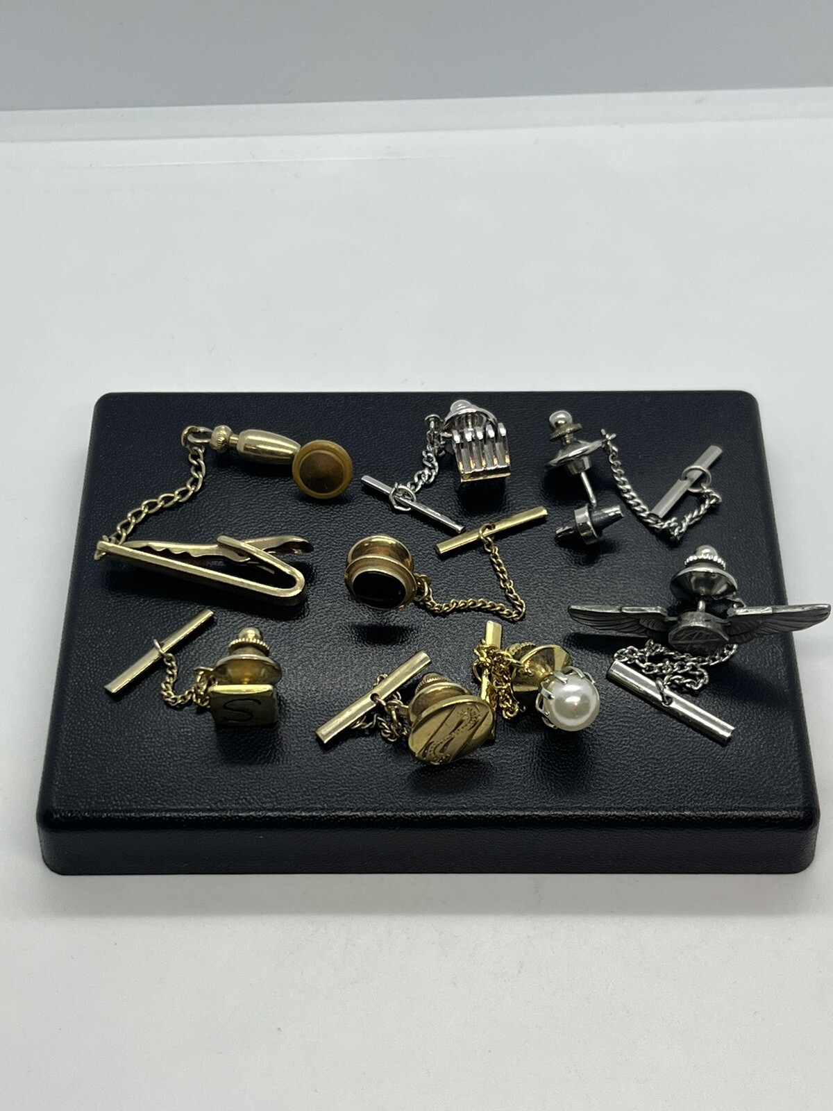 Set of vintage tie tacks clutch with chain silver and gold | eBay