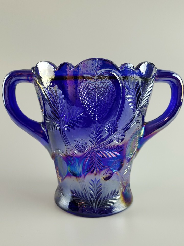 Vintage Carnival Glass Iridized Blue Inverted Strawberry Candy dish Two ...