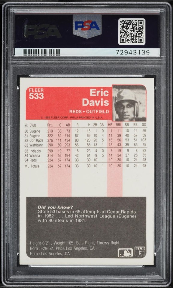 1985 Fleer Eric Davis Rookie RC #533 - PSA 9 MINT - Reds | eBay