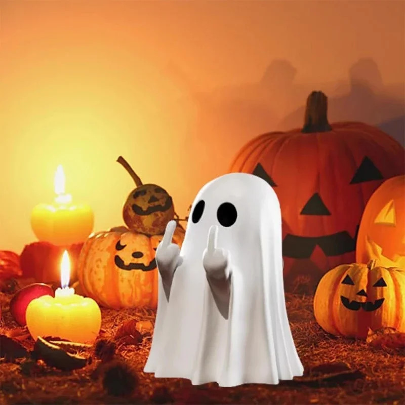 Cute Middle Finger Ghost Statue, Small Halloween Decor for Home ...