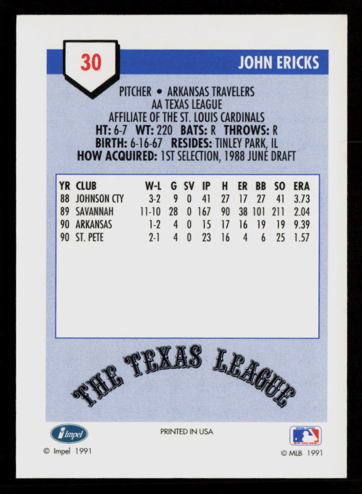 John Ericks 1991 Line Drive AA #30 Arkansas Travelers Baseball Card | eBay