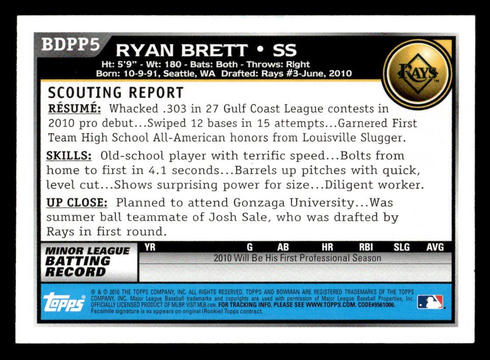 Ryan Brett signed auto 2010 Bowman Draft Picks & Prospects #BDPP5 Tampa ...