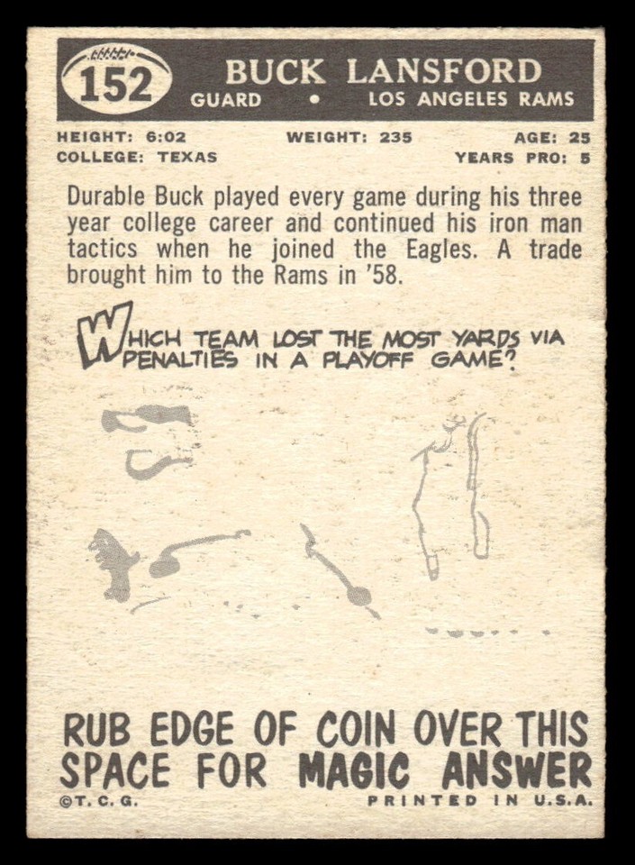 1959 Topps Football #152 Buck Lansford VG *e2 | eBay