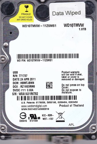 WD10TMVW-11ZSMS1 dcm: HBMTJBNN s/n: WXA1A3 APR 2011 1TB USB 3.0 Western ...