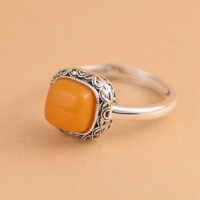 N05 Ring Square Yellow Amber Wawes Silver 925 Adjustable | eBay