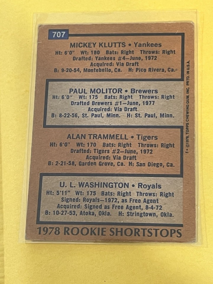Alan Trammell Paul Molitor Rookie Shortstops 1978 Topps #707 (excellent ...