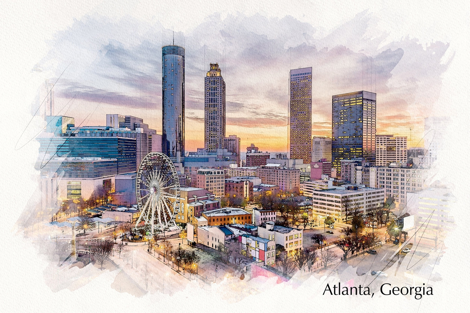 Atlanta Skyline sketch watercolor, Atlanta Canvas, Atlanta Wall art ...