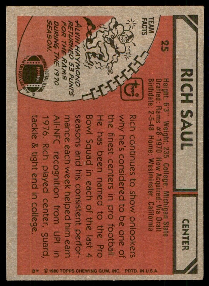 1980 Topps Rich Saul Football Card Los Angeles Rams #25 | eBay