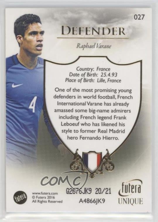 2016 Futera Unique Silver 20/21 Raphael Varane #027 0pa4 | eBay