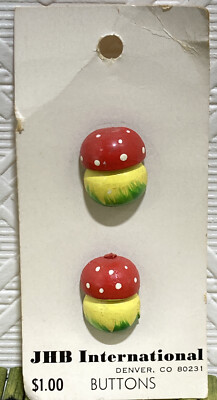 Vintage JHB Wood Buttons Mushrooms Red Cap Yellow Stem Green Grass 5/8 ...