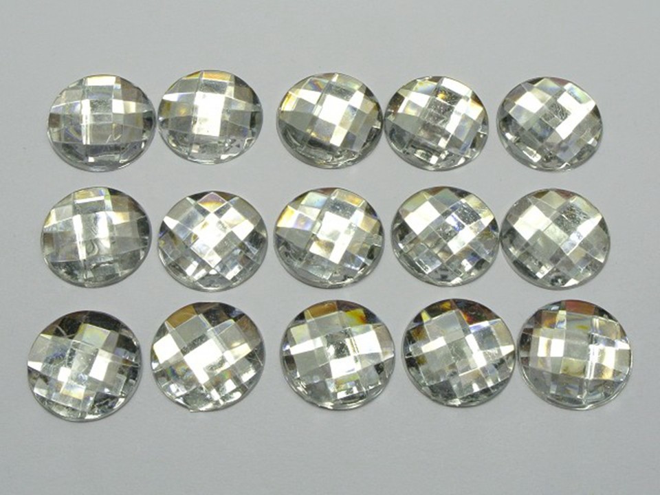 100 Clear Crystal Acrylic Flatback Faceted Round Rhinestone Gems 16mm ...