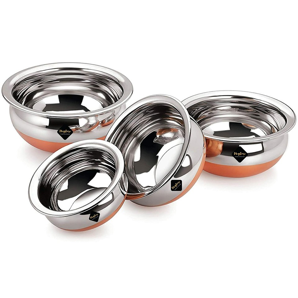 Set of 4 Stainless Steel Copper Bottom Serving Bowl Urli Handi Cookware ...