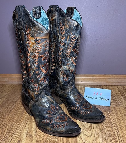 Corral Western Boots Women’s 8 Snip Toe Gray Rust E 1444 Beads Studs ...