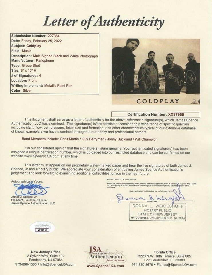 COLDPLAY FULL BAND SIGNED AUTOGRAPH 8X10 PHOTO - CHRIS MARTIN JONNY GUY ...