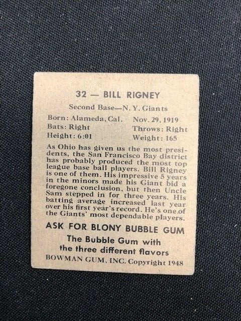 1948 Bowman Baseball Bill Rigney Card # 32 New York Giants | eBay