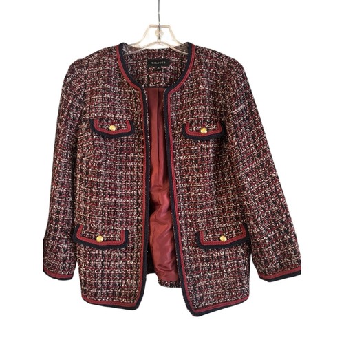 Talbots Gold Button Tweed Jacket Red Lined Pockets Size 12 Hook & Eye ...
