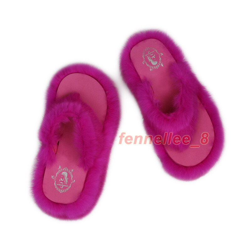 Women 100% Real Rabbit Fur Flip-flops Wedge Heel Sandals Slippers ...