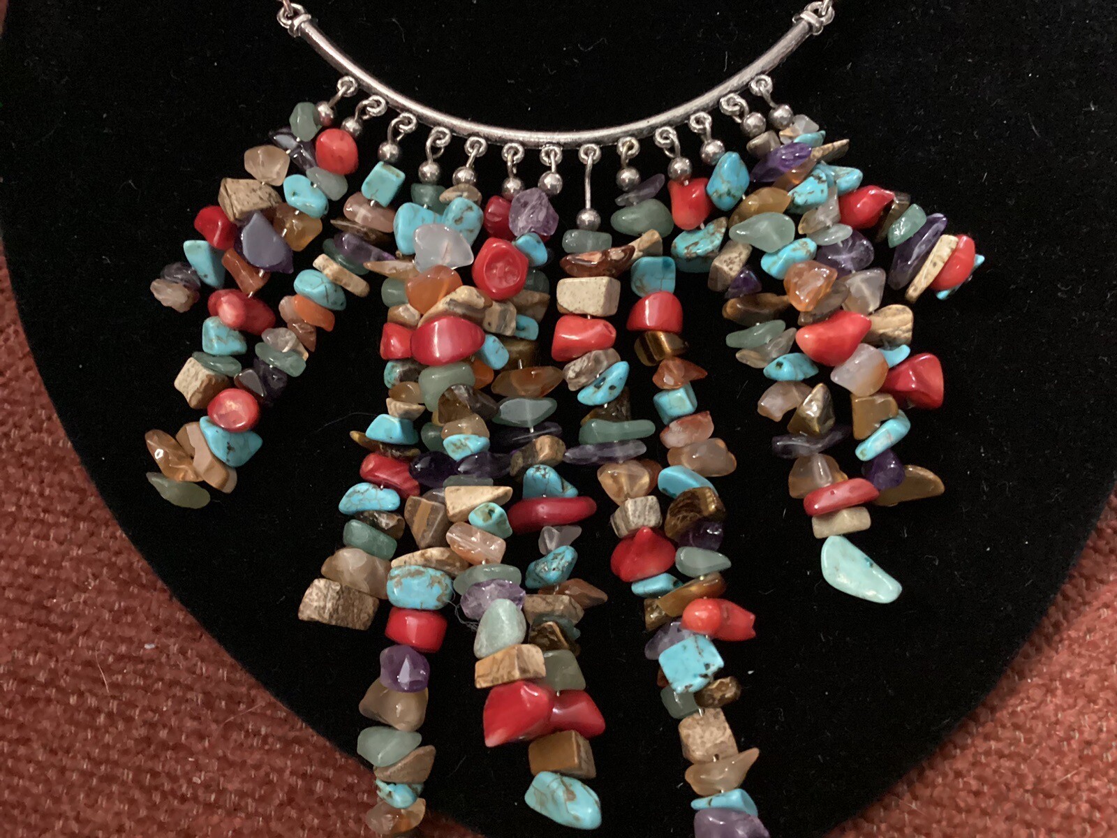 MultiStone Dangle Cluster Necklace Boho Native Fashio… - Gem