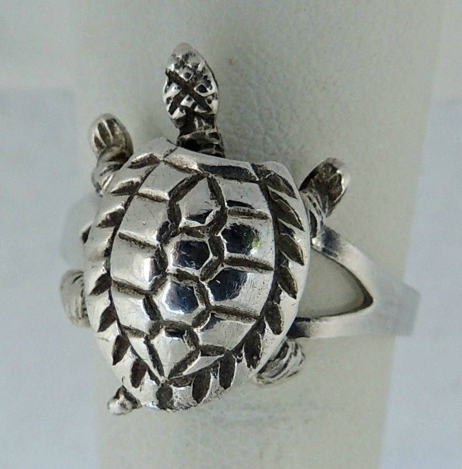 3D MOVEABLE 3/4" TURTLE 0.925 STERLING SILVER VTG TORTOISE BAND RING ...