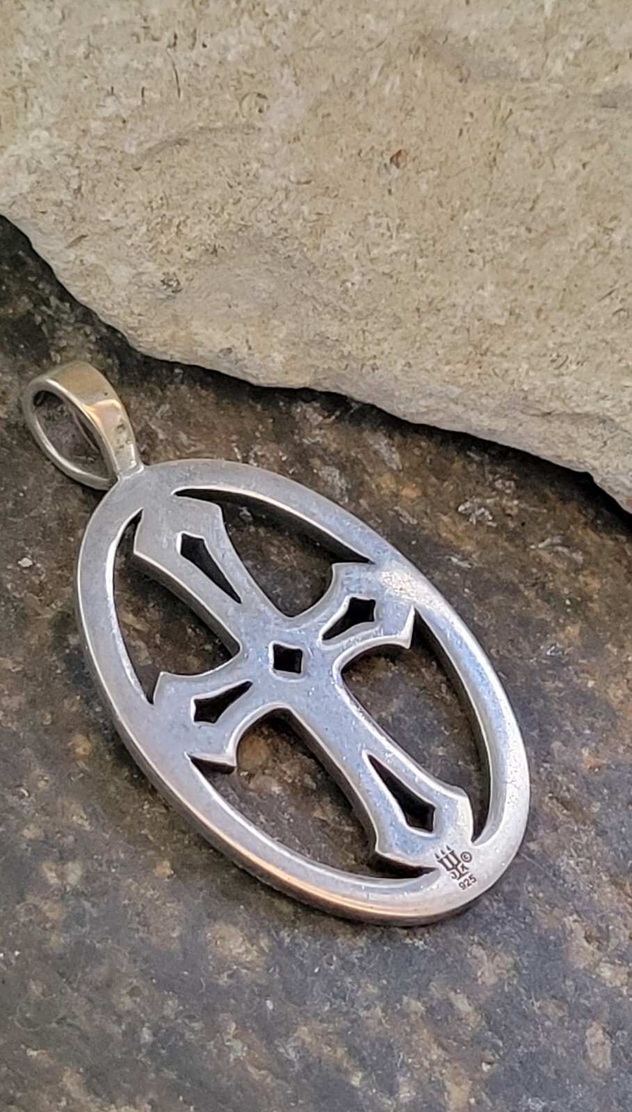 Retired James Avery Oval Cross Sterling Silver Pendant - Gem