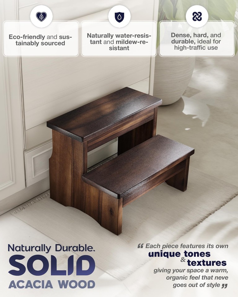 Wooden Two Step Stool, Heavy Duty 2-Step Ladder for Adults & Kids ...