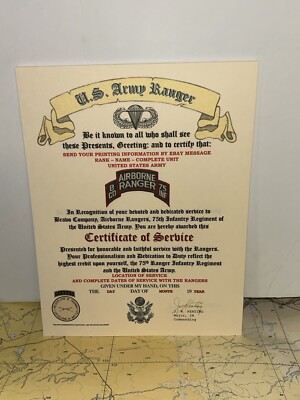 U.S. ARMY - B CO / 75TH RANGER INFANTRY CERTIFICATE OF SERVICE ...