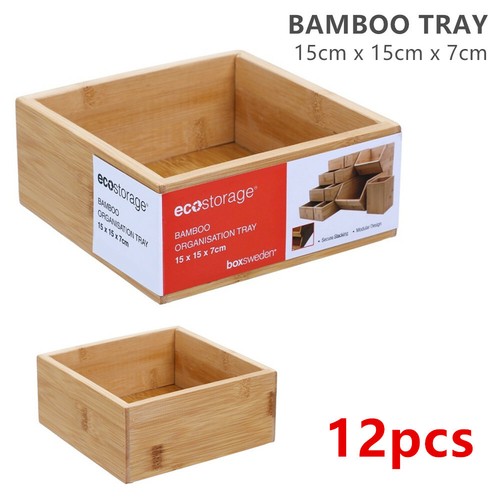 12x Stackable Bamboo Organiser Tray Home Storage Container Wooden Box ...