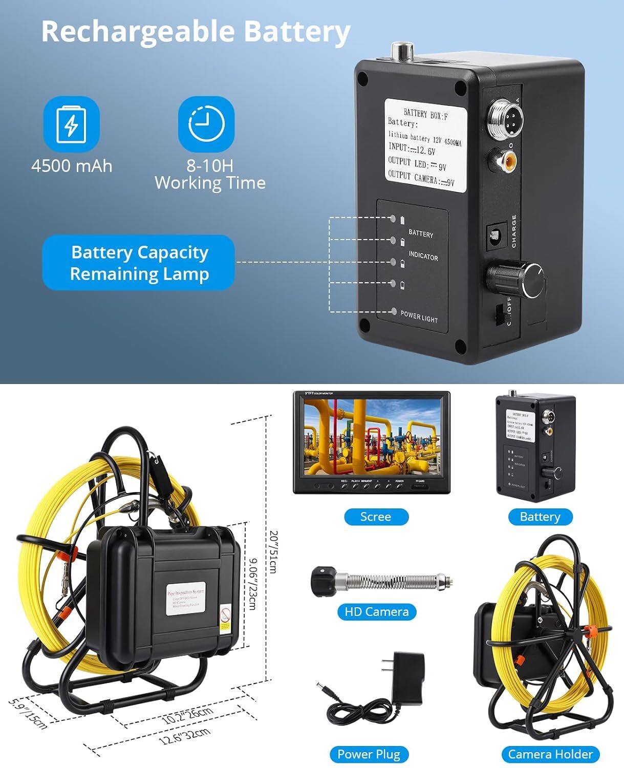 9" Pipe Inspection Sewer Camera w/Self Leveling 1080P 300FT 512HZ Sonde ...