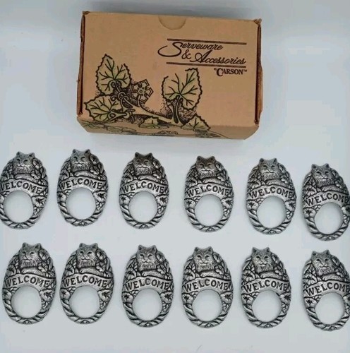 Vtg Kitty Cat Metal Napkin Rings Carson Set Of 12 Feline Welcome Floral ...
