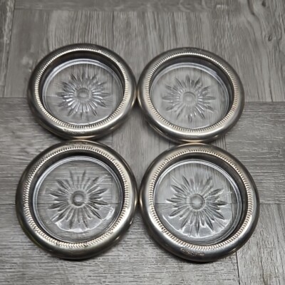 Set of 4 Vtg Coasters Starburst Pattern Leonard Italy Glass Silverplate ...