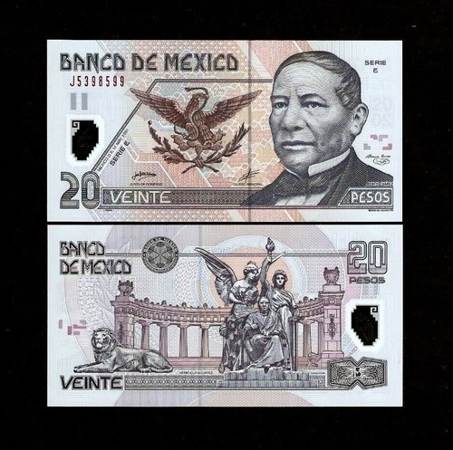 Mexico 20 PESOS P-116 A 2001 *E* Series POLYMER UNC Lion Snake Mexican ...