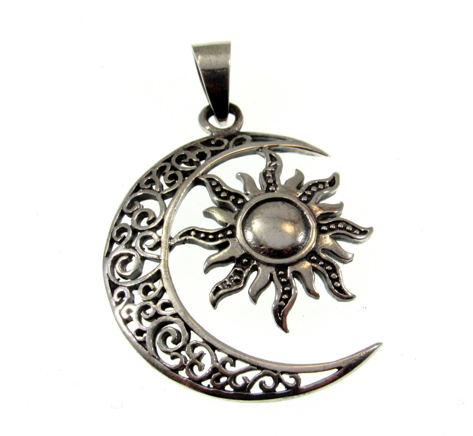 Solid 925 Sterling Silver Filigree Waxing Crescent Moon and Sun Pendant