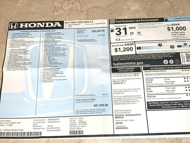 2017 Honda HR-V 2WD LX 5DR HRV Monroney Label Window Price Sticker | eBay