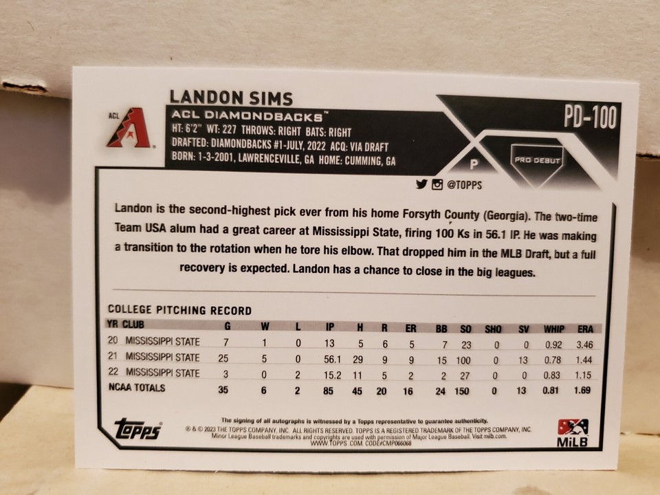 Landon Sims 2023 Topps Pro Debut #PD-100 Signed Auto Prospect Rookie RC ...
