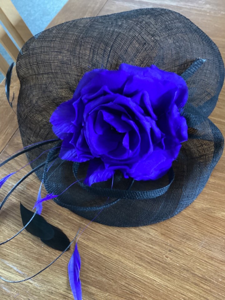 Black Jacques Vert fascinator with Royal blue silk flowers and feathers ...