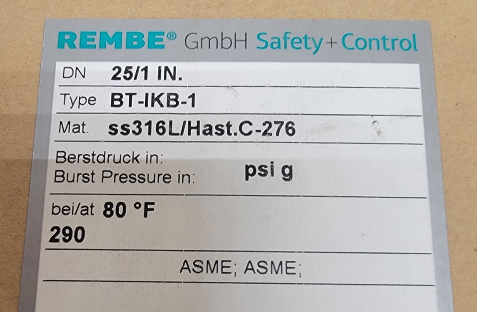 Rembe GmbH 1501333 25/1" BT-IKB-1 Burst Rupture Disc | eBay