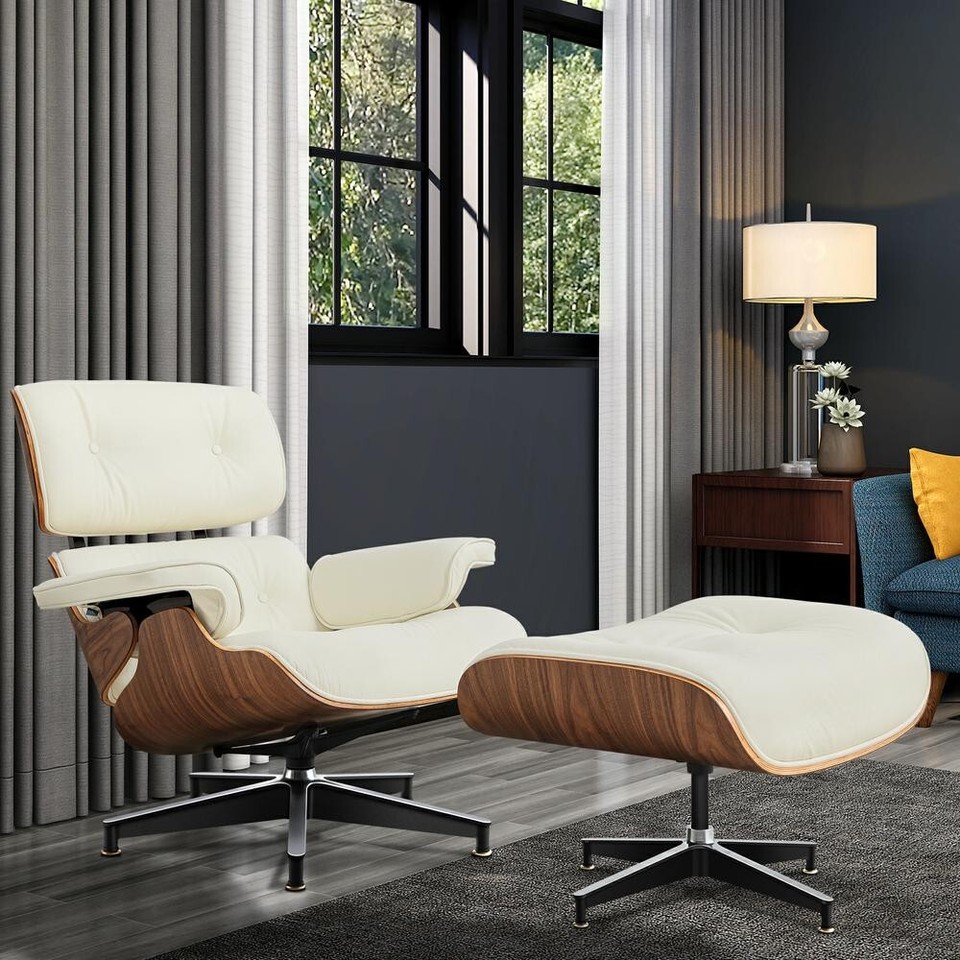 Walnut Cream Eams Lounge Chair and Ottoman Set Top Grain Leather ...
