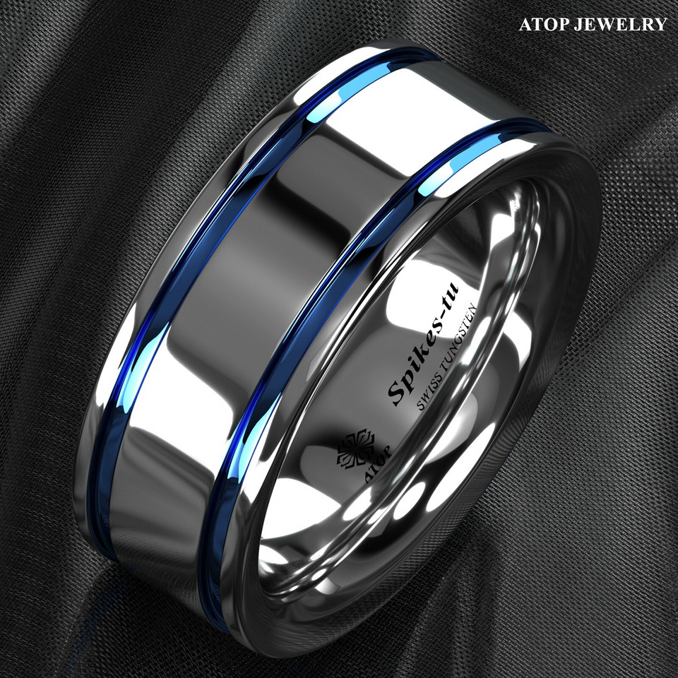 8mm Tungsten Carbide Ring Blue Grooved Line For Men Wedding Band ATOP ...