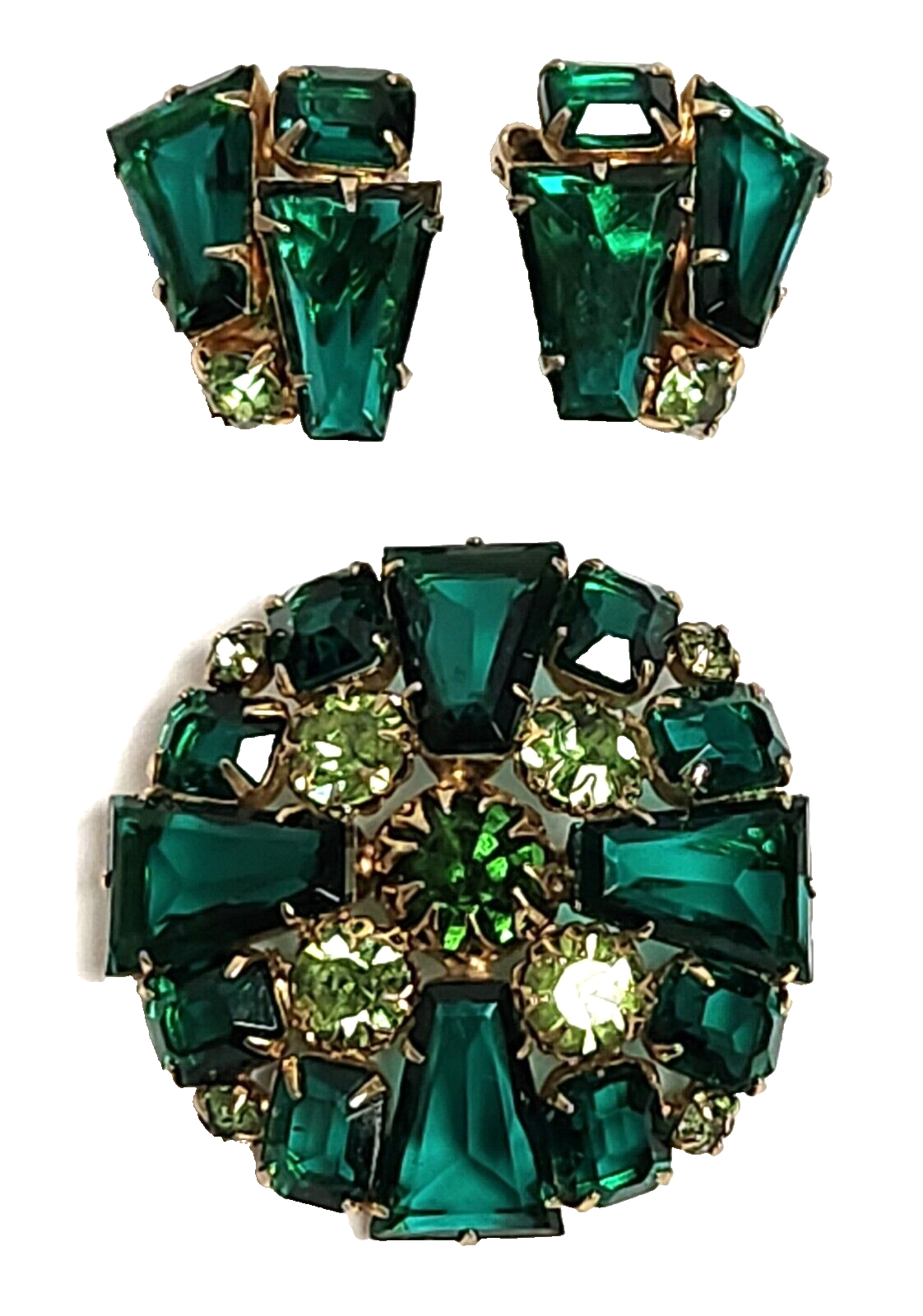 Gorgeous Vintage Green Keystone Shape Rhinestone Clip Earrings Brooch ...