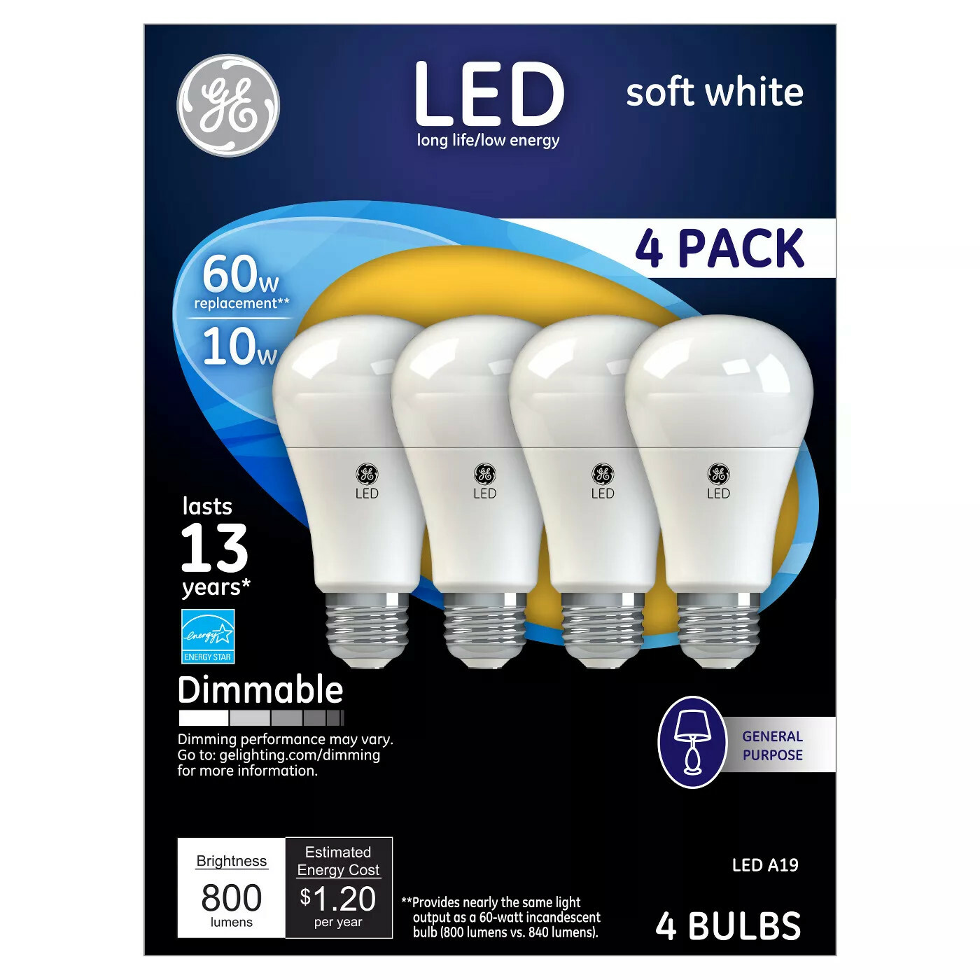 GE Lighting LED Light Bulb, A19, 60-Watt Replacement, Soft White, 4 ...