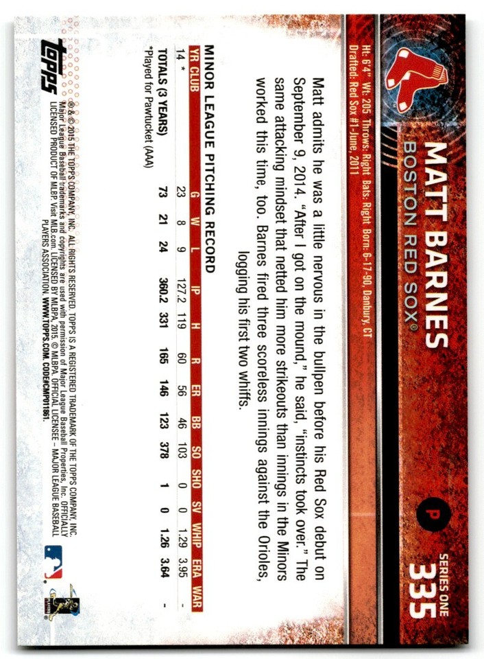 2015 Topps Matt Barnes Rookie Boston Red Sox #335 | eBay