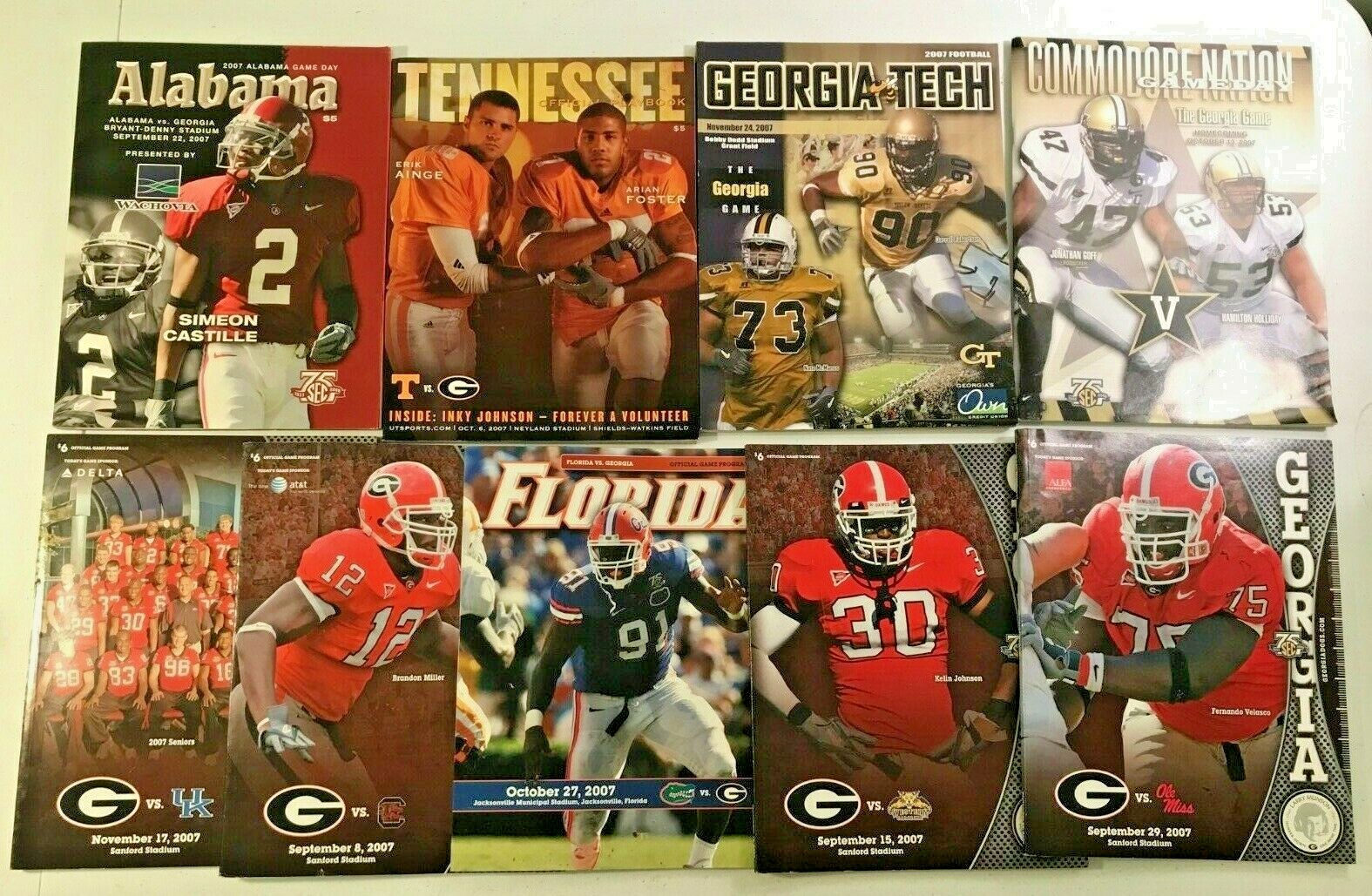 2007 LOT of 9 Georgia Bulldogs Football game programs Alabama Tennessee ...