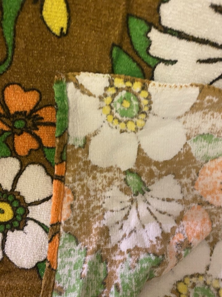 Vtg Mid Century Terry Cloth Tablecloth Brown Orange Flowers Mod Floral ...