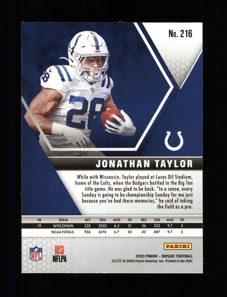 2020 Mosaic Football #216 JONATHAN TAYLOR ROOKIE RC - INDIANAPOLIS ...