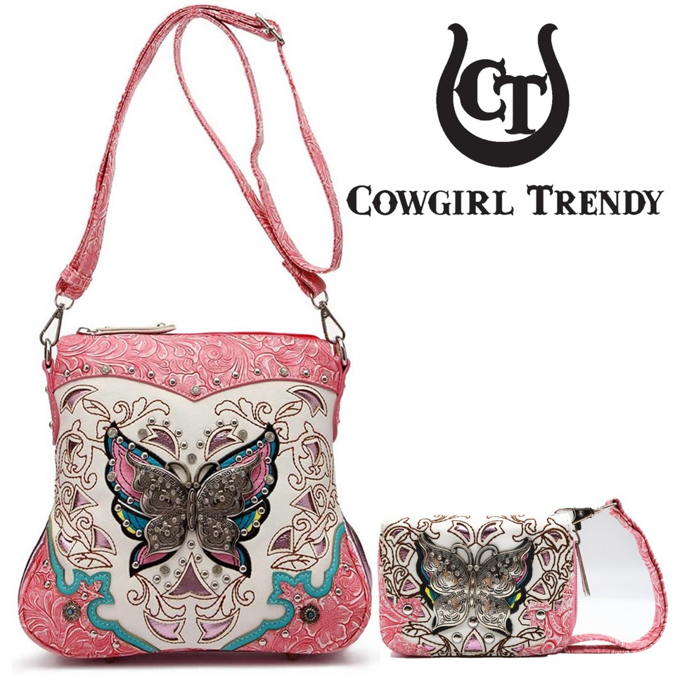 Western Butterfly Studded Leather Purse Women Crossbody Bag Card Holder ...