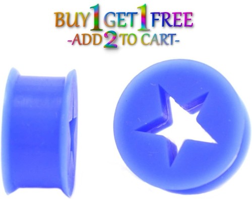 Pair 8g-50mm BLUE SILICONE STAR TUNNELS Double Flare Gauges Solid Cut ...