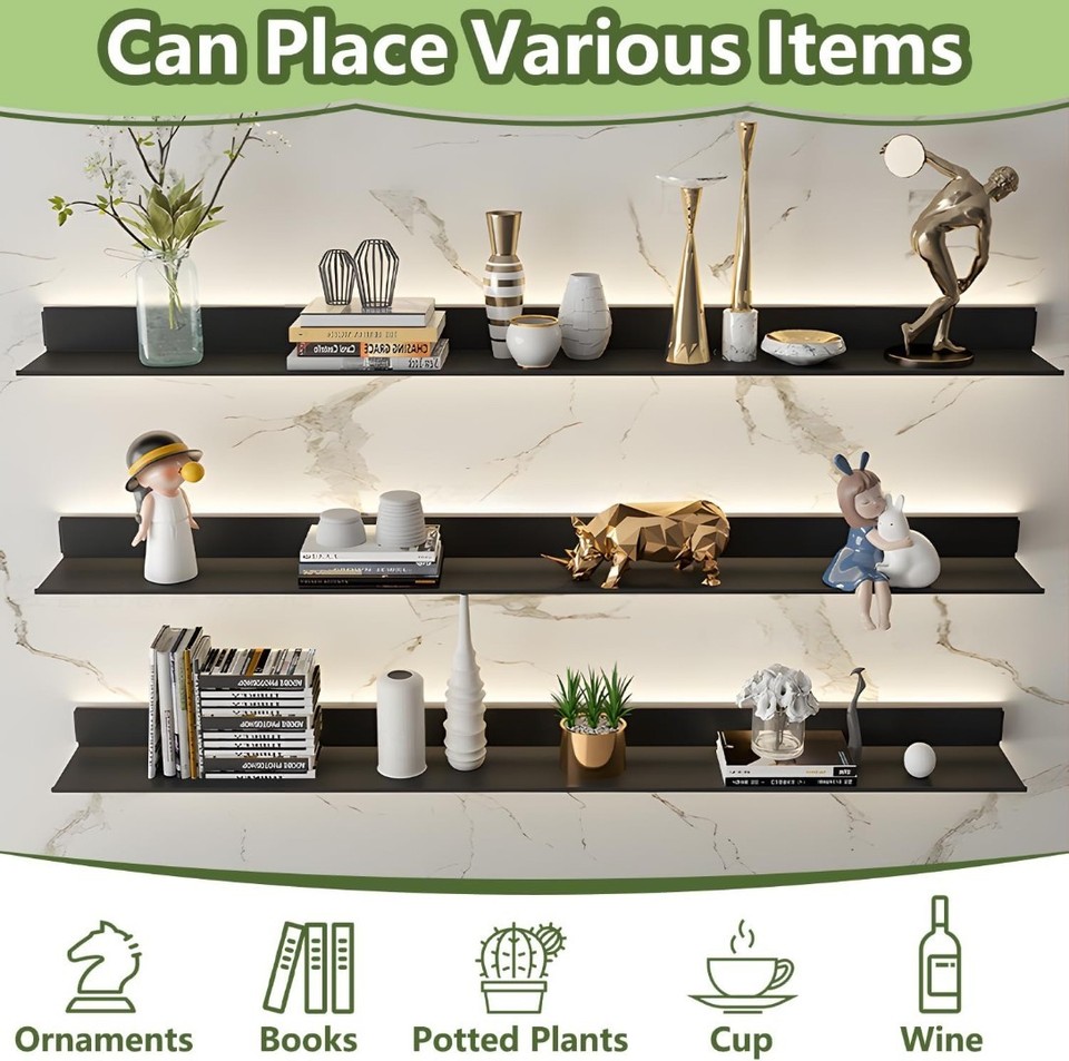 Metal Floating Shelves with Led Light Wall Mounted Hanging Display Rack ...