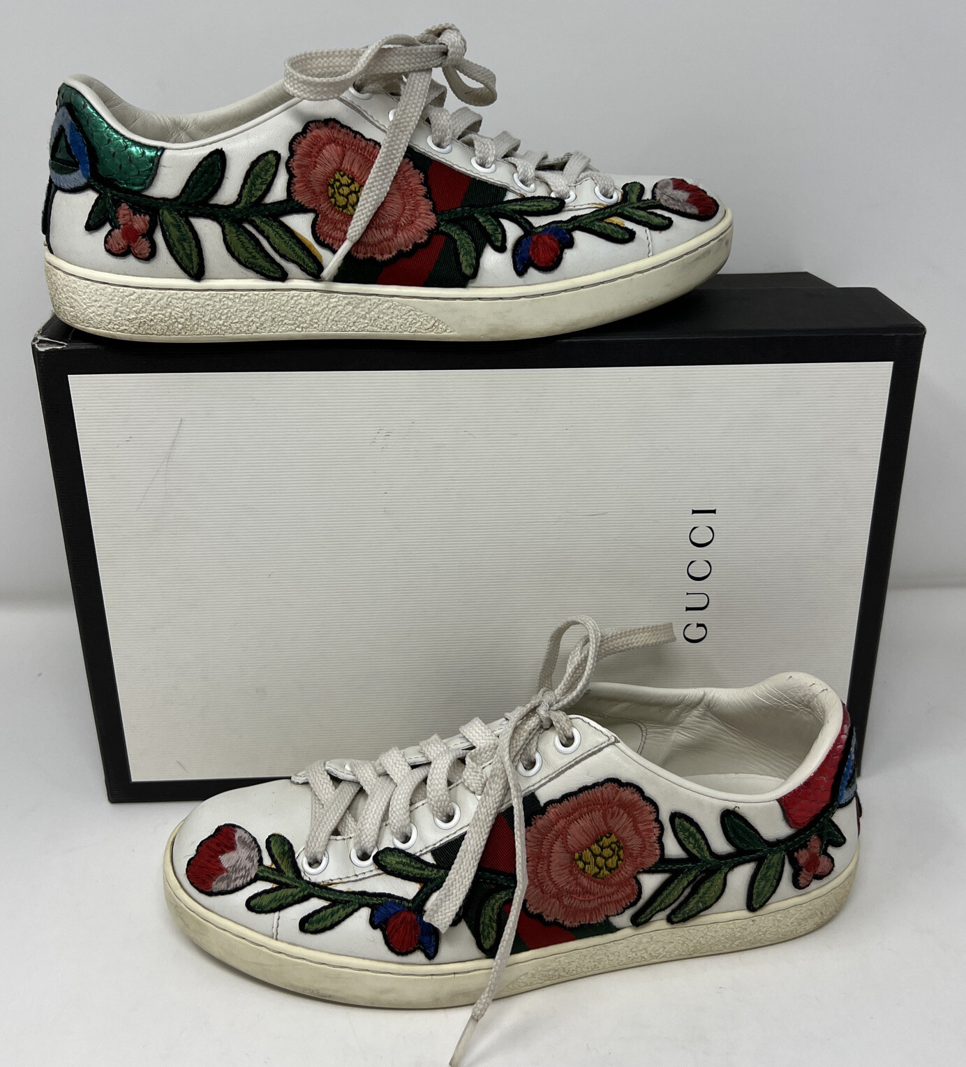 Gucci Ace Embroidered Floral White Leather House Web … - Gem