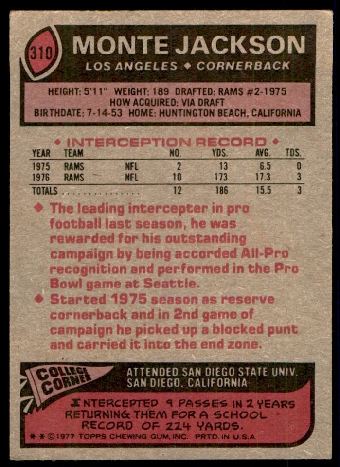 1977 TOPPS MONTE JACKSON ROOKIE . LOS ANGELES RAMS #310 | eBay