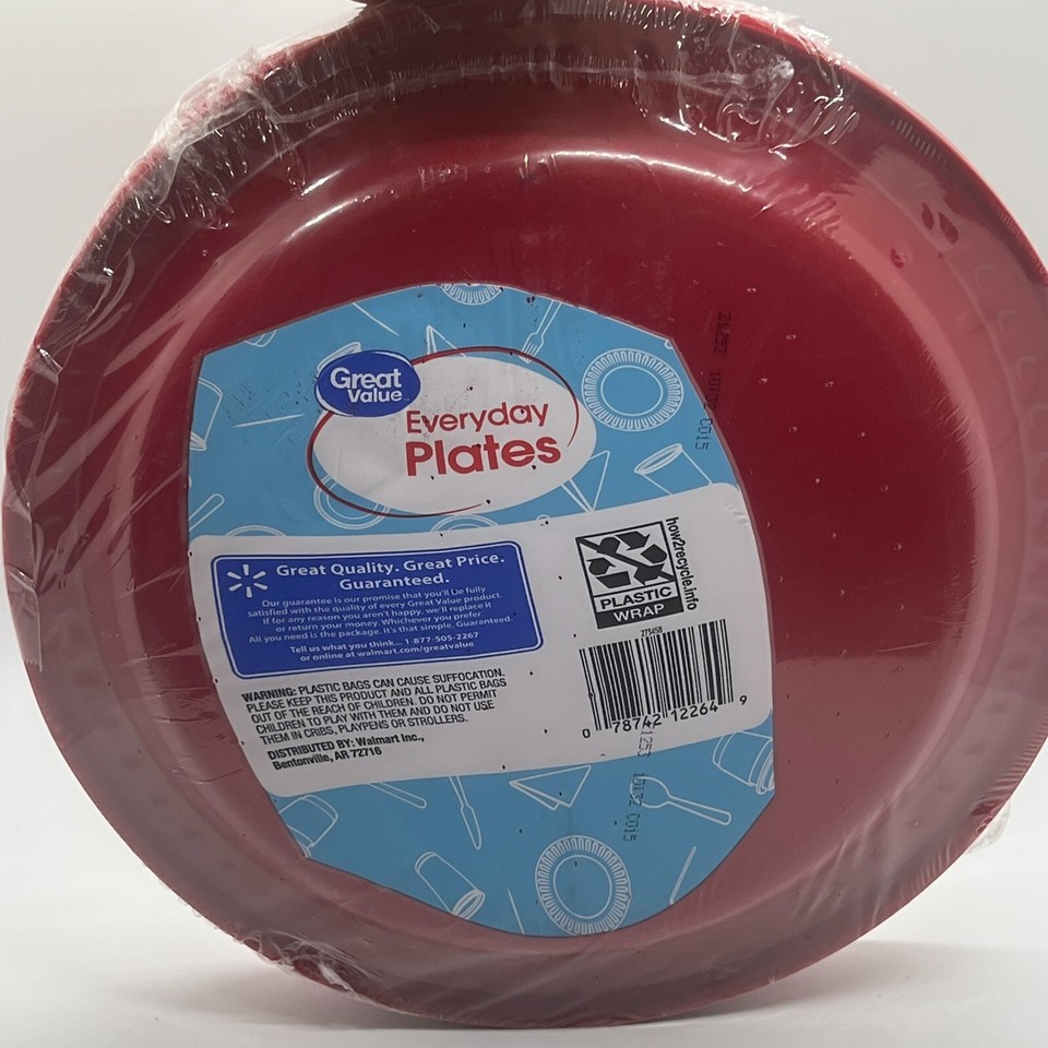 Great Value Everyday Disposable Plastic Kitchen Soak Proof Plates, Red ...